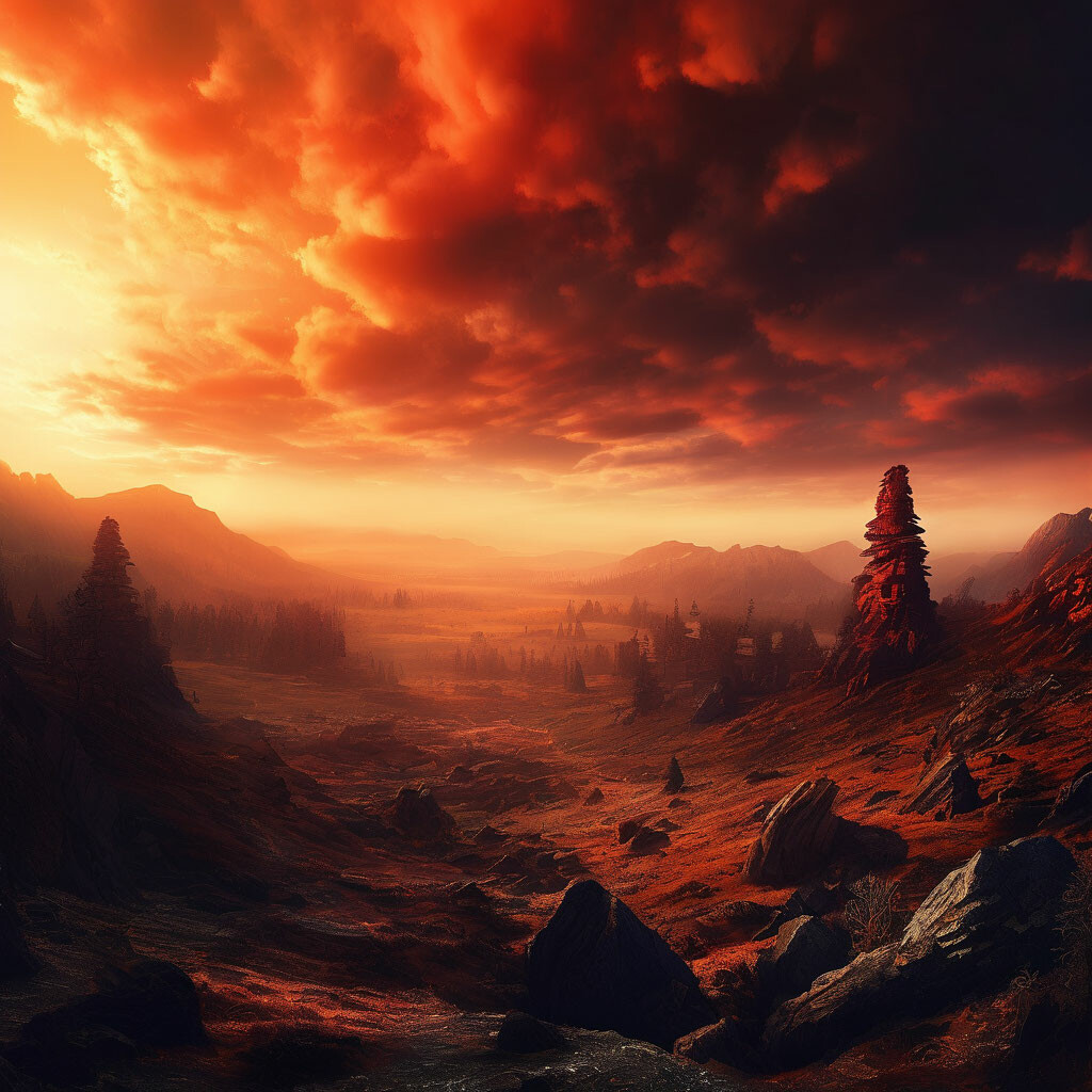 "Bright red sky with orange clouds, ancient stone planet, detailed ...