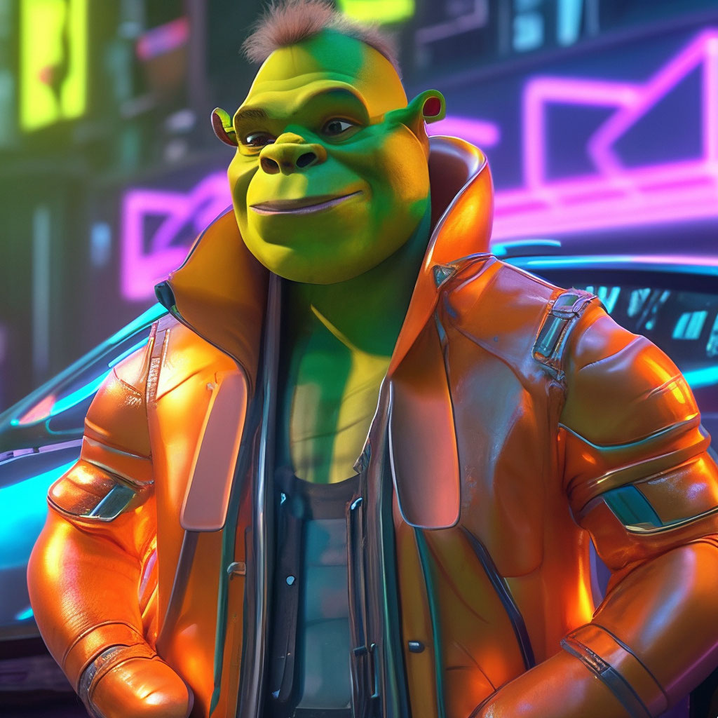 "Shrek in a fashionable reflective orange jacket with a high collar, on ...