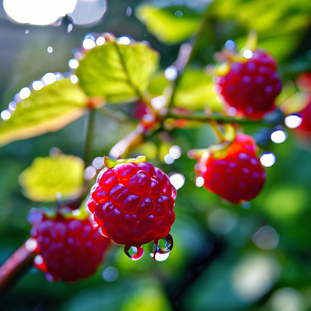 "Berry-raspberry, several berries on a twig in the sun after rain ...