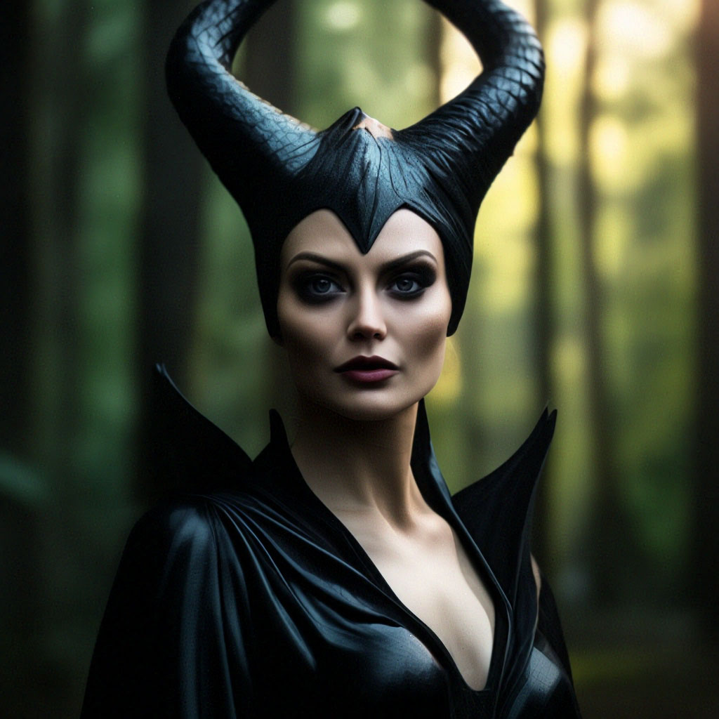 "Maleficent, standing straight, close-up face, against a forest ...
