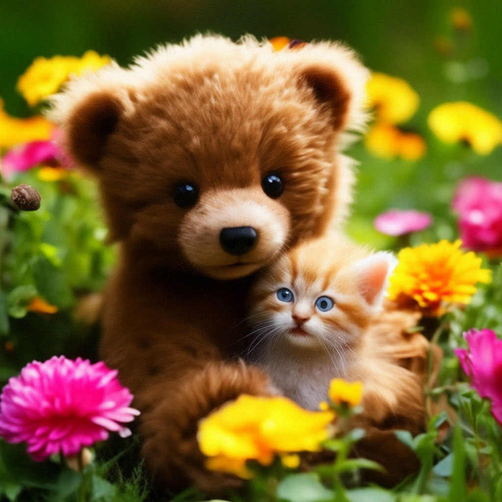 "A little bear and a kitten are lying in an embrace on the grass among ...
