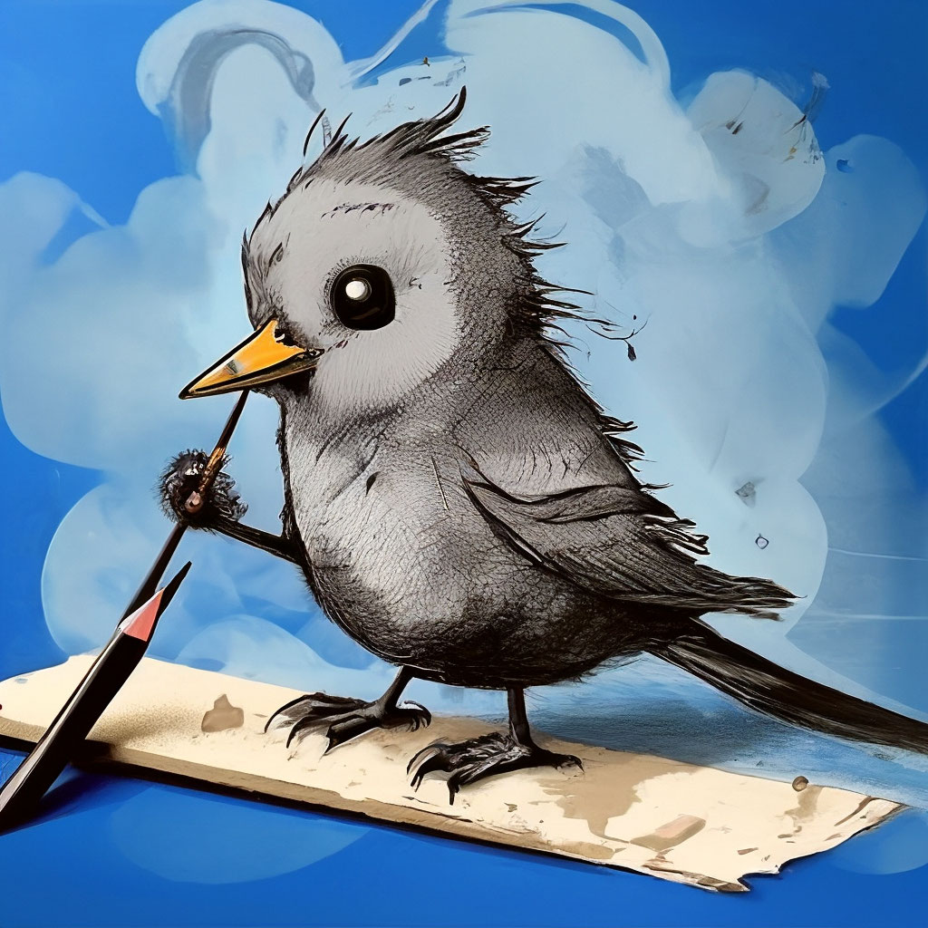 "Bird sketching with gray soot, humor, caricature, grotesque, children ...