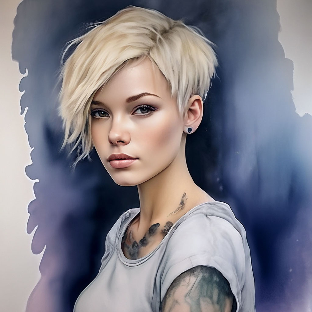 "Beautiful girl, blonde short hair, in tattoos watercolor ...