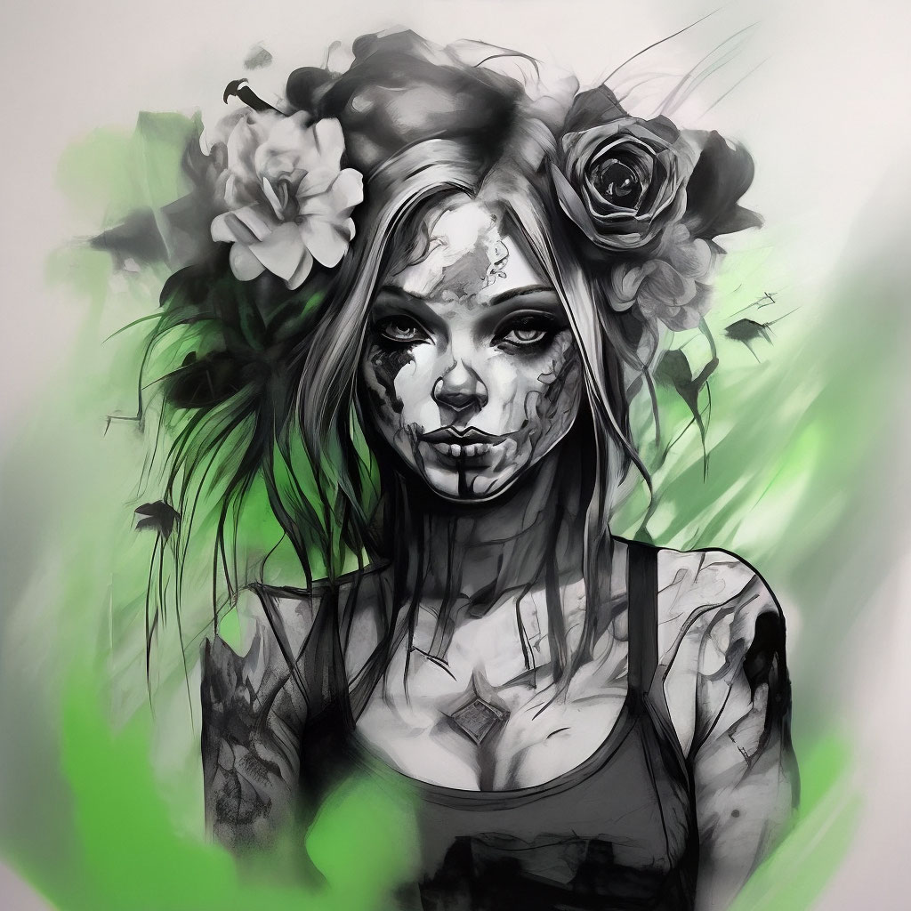 "Black and white sketch,blur,haze, zombie girl with tattoos on her face ...