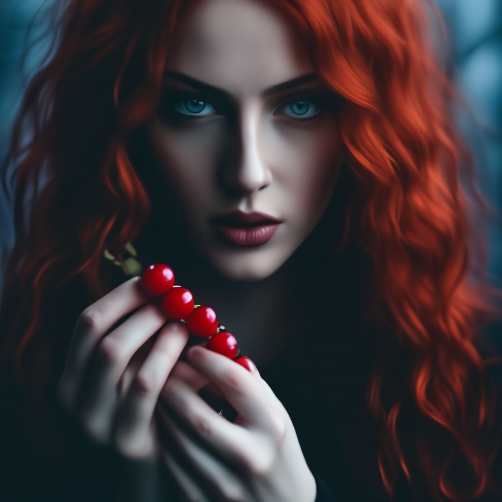 "A beautiful woman with red hair holds a red currant in her hands ...