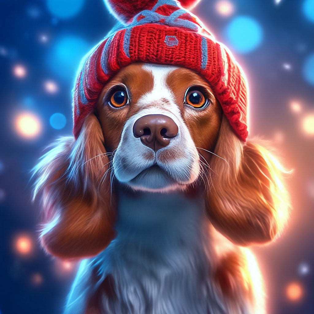 "Fantasy art fabulous cheerful red cartoon spaniel in a knitted hat ...