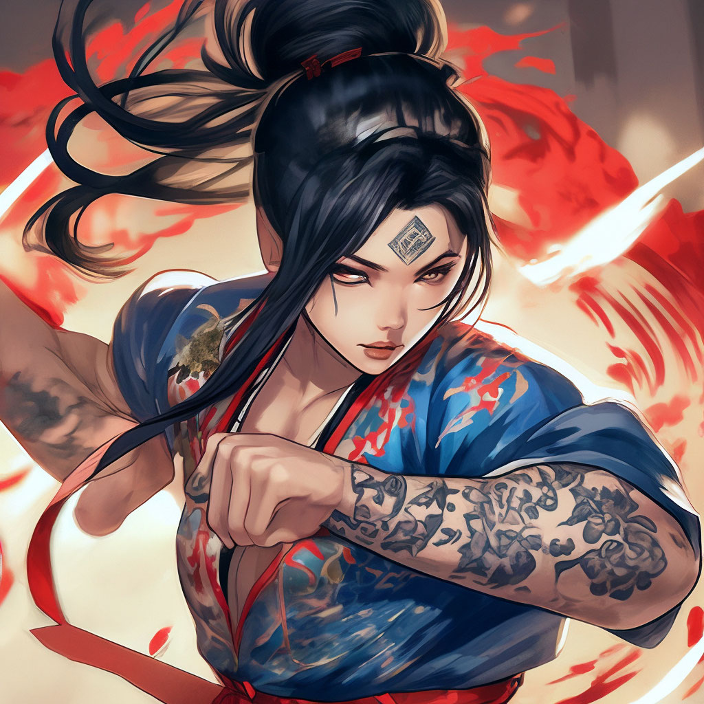 "A young Chinese wushu fighter in an attacking pose In the Manhua style ...