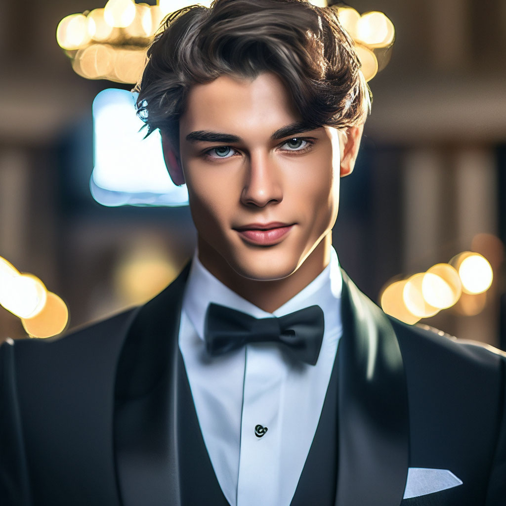 ". Magazine photo, young aristocrat, in a black suit and bow tie, bold ...