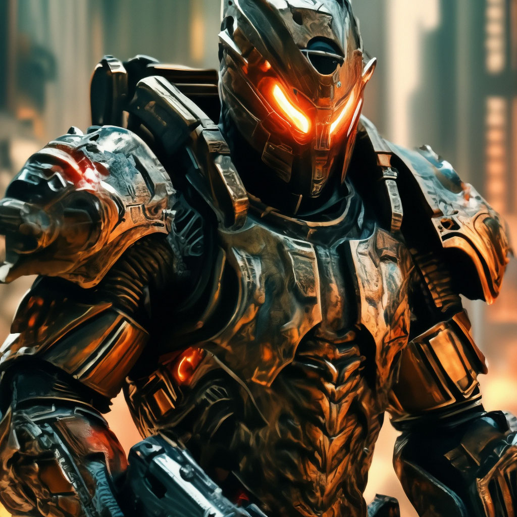 "Cyber mutant, in detailed armor with a plasma gun on his shoulder ...