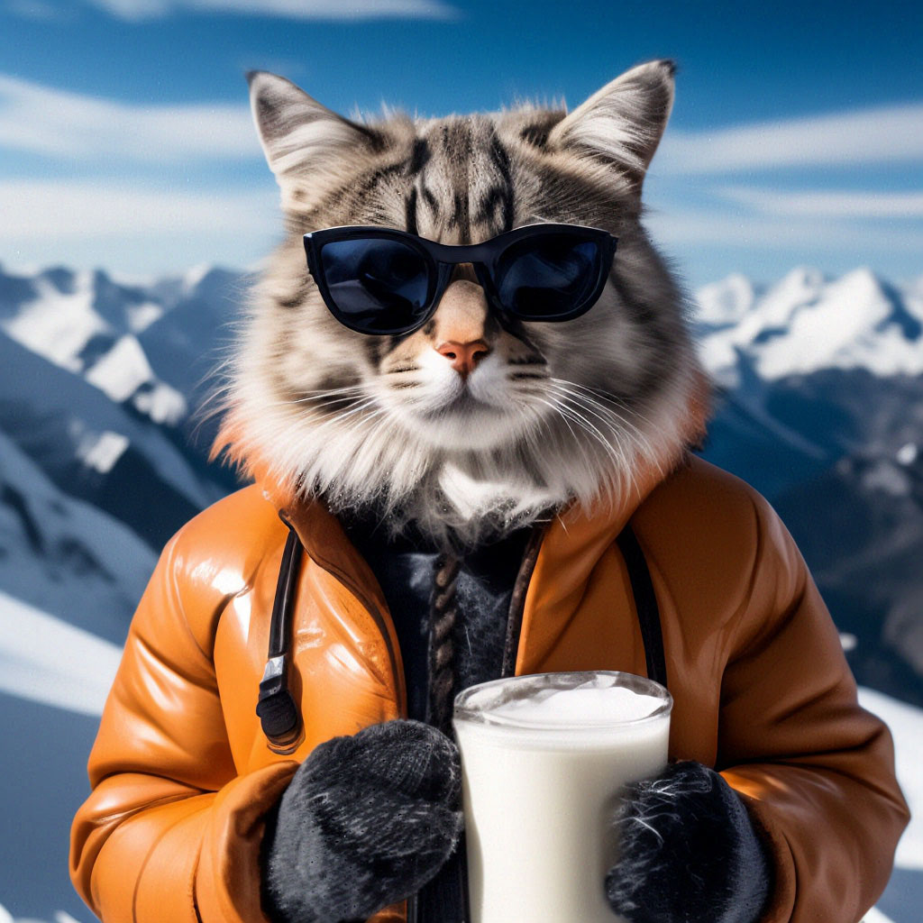"A cat in black glasses, in a jacket, holding a glass of milk, on a ...