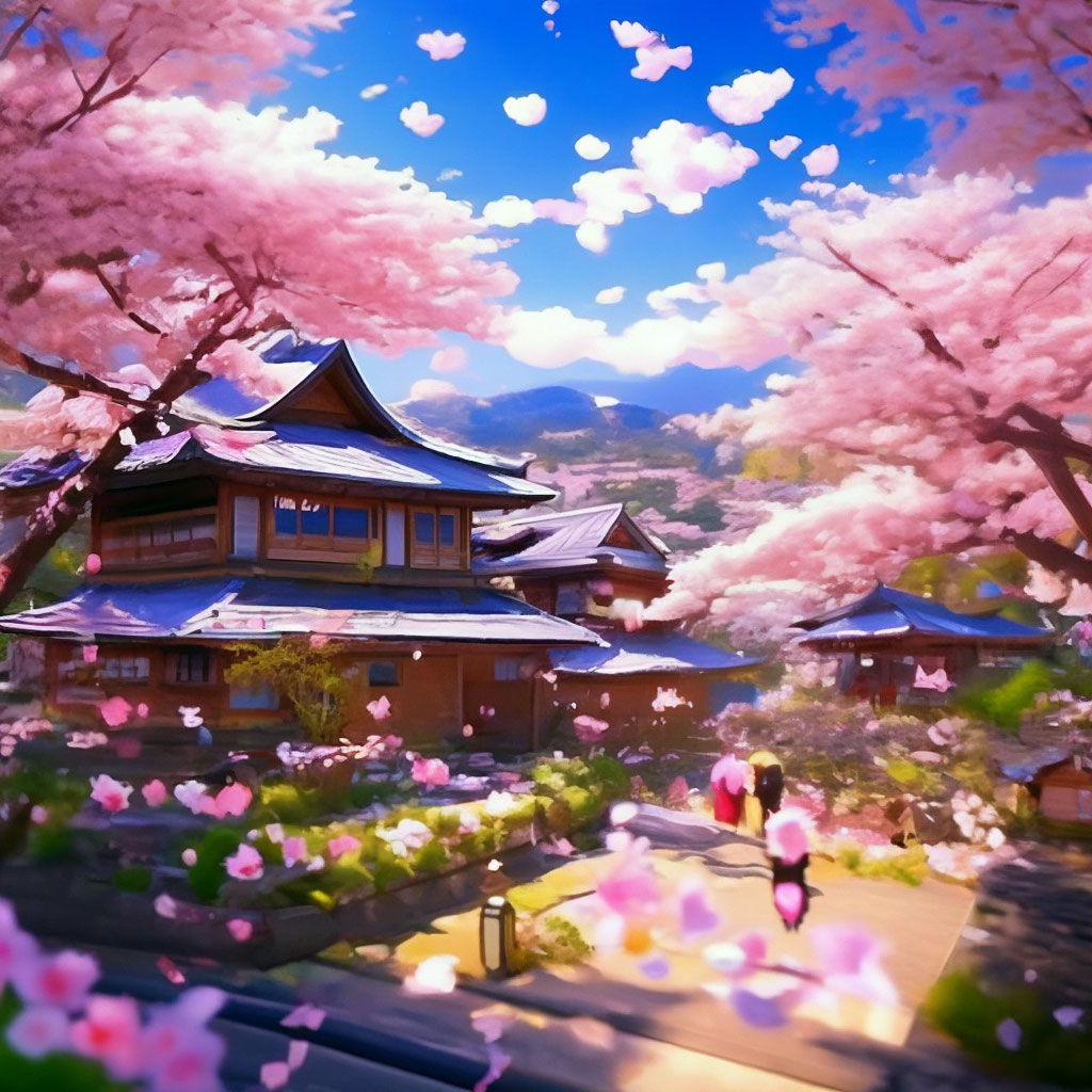"Japan, beautiful houses, lots of sakura petals, sakura trees ...