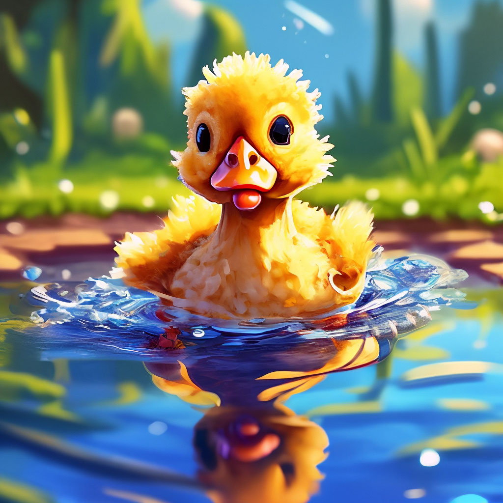 "Cute, fluffy, bug-eyed, funny, cartoon duckling swimming in a puddle ...