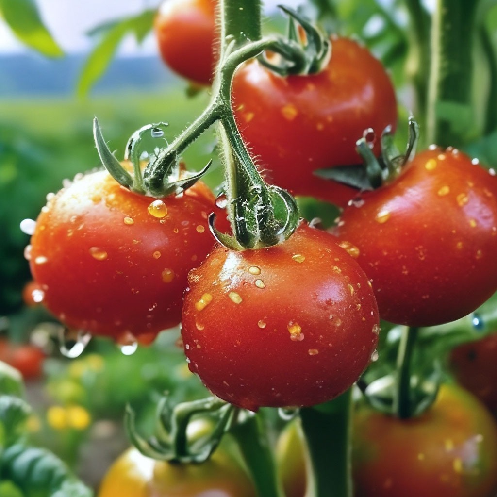 "Beautiful tomatoes in the garden, juicy, delicious, dew drops ...