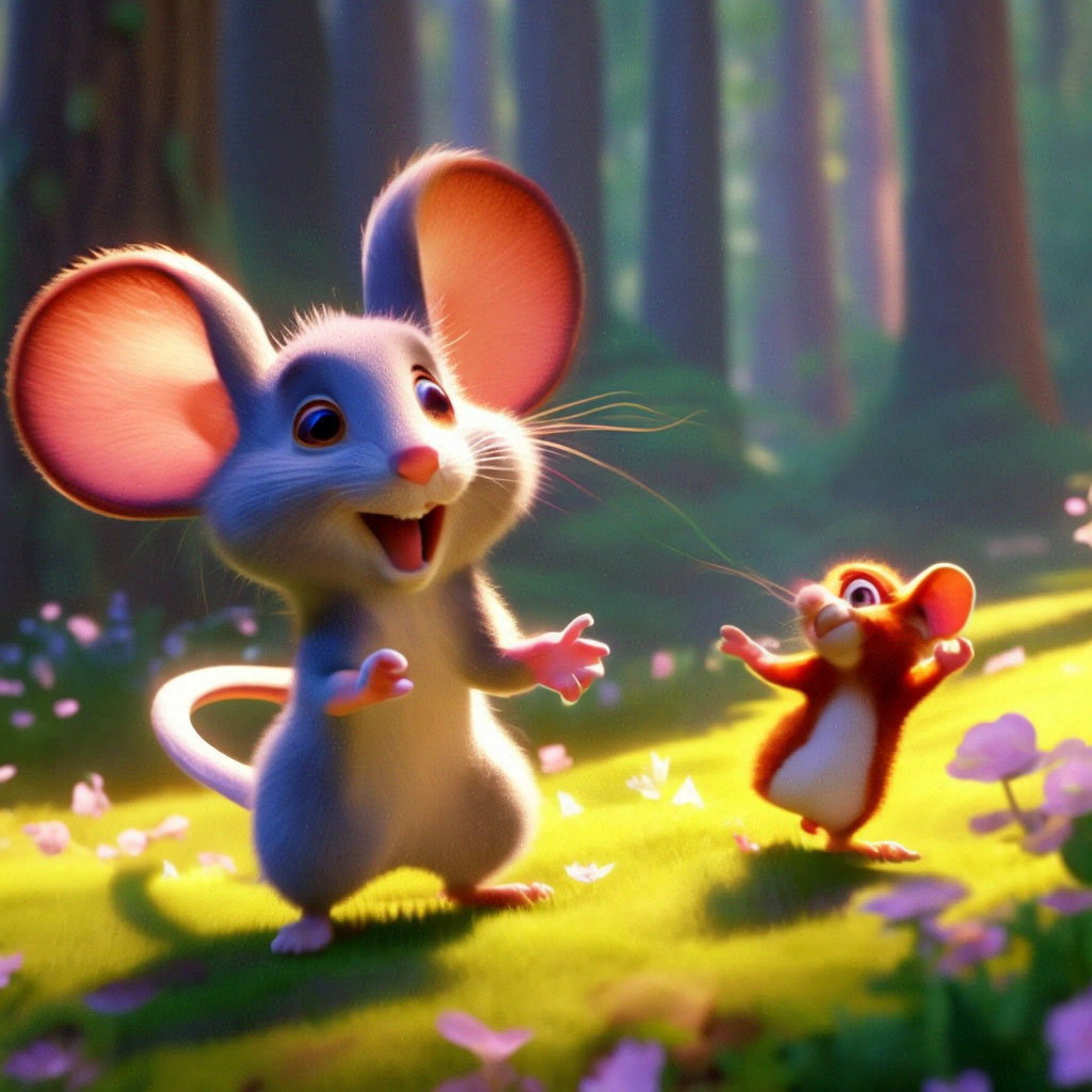"Cute mouse with huge ears, forest clearing, flowers, Pixar, Disney ...