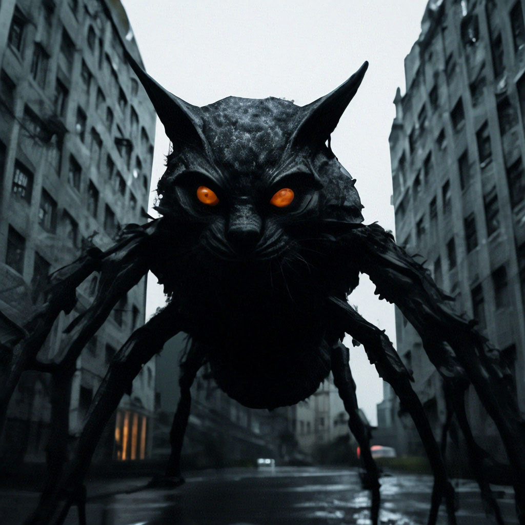 "A huge spider cat from Chernobyl walks through buildings" — image ...