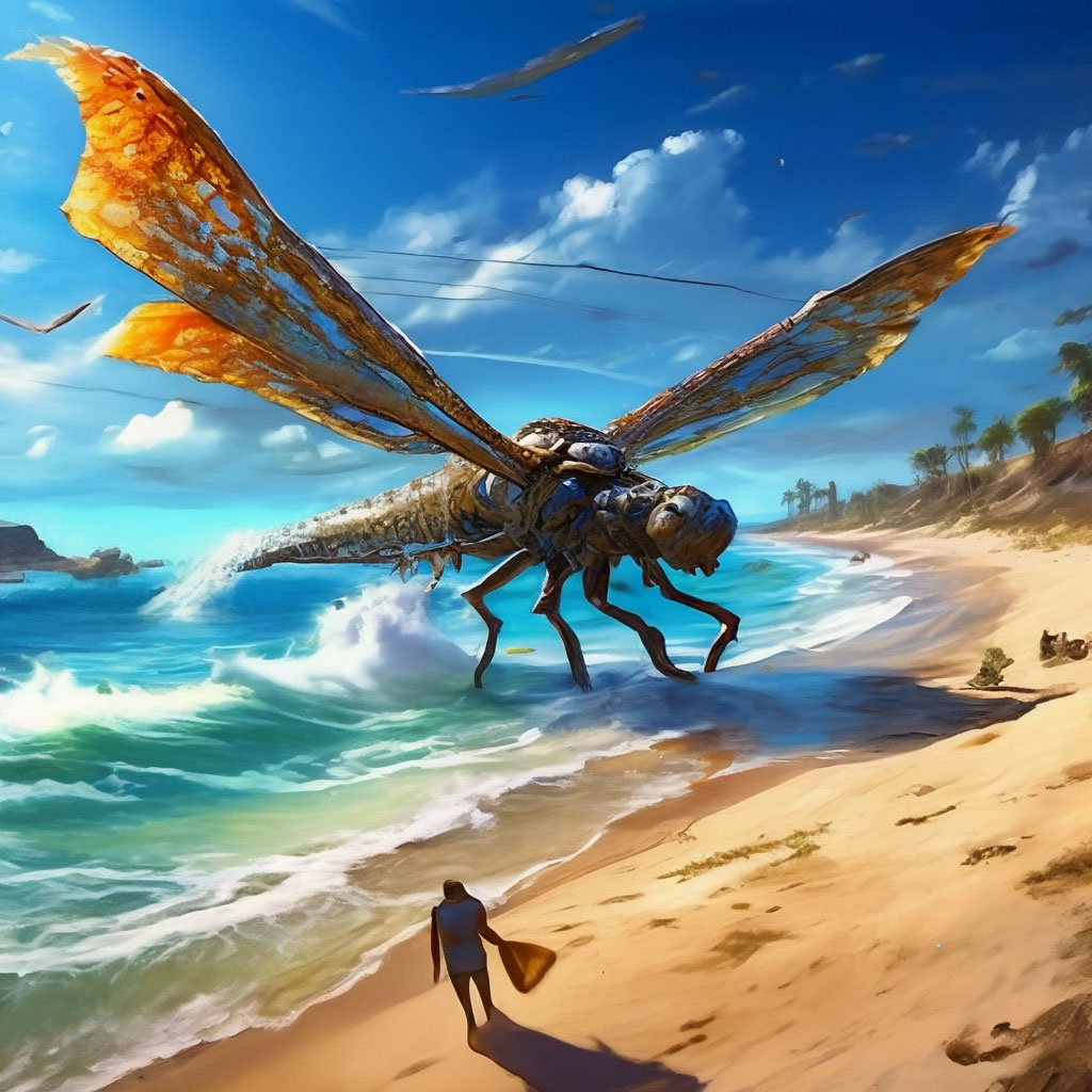 "💫☄️sandy beach, blue sea, waves, oasis, huge dragonfly walking on the ...