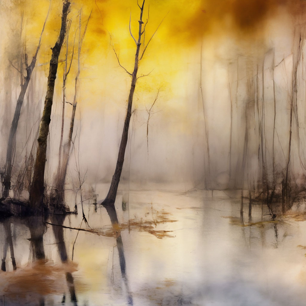 "Swamp, forest, beige-yellow blank canvas, multi-layer watercolor ...