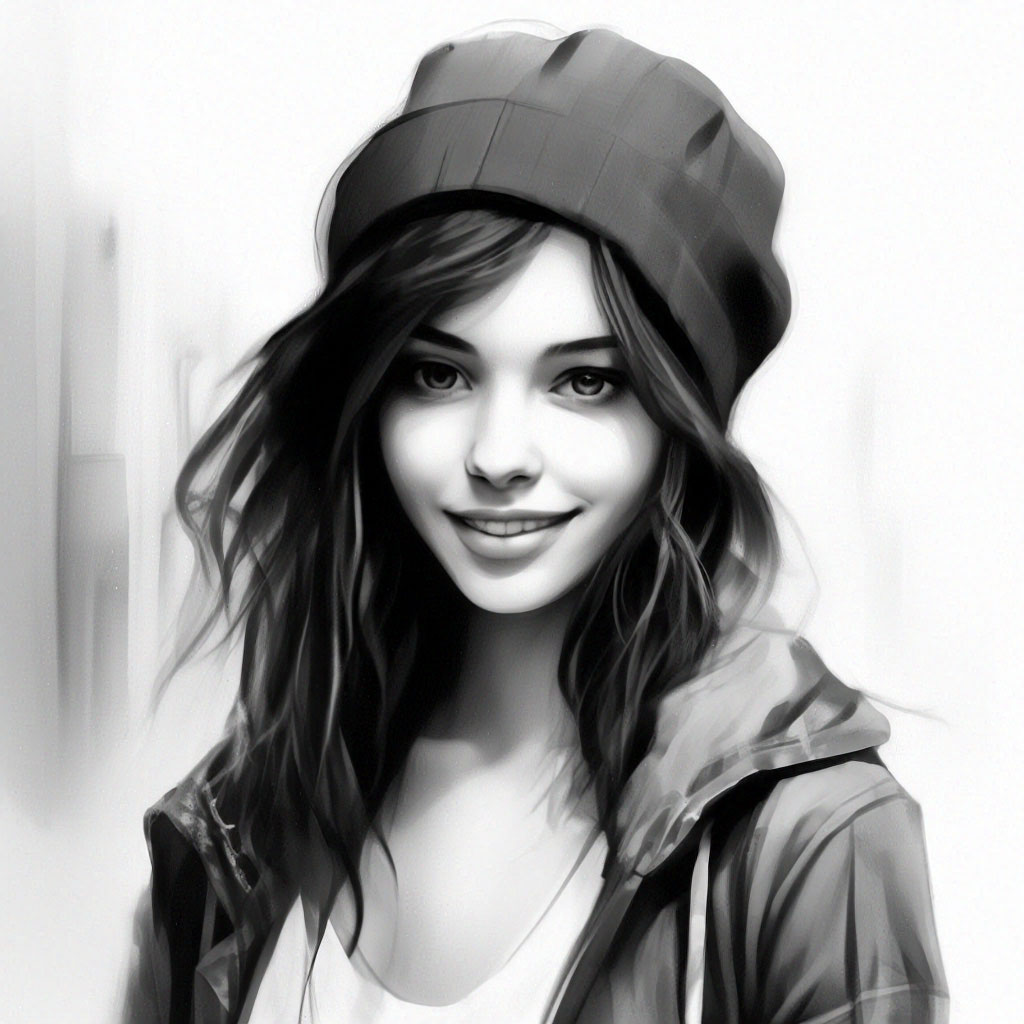 "A hand-drawn pencil sketch of a cute bully girl from Paris, a slender ...