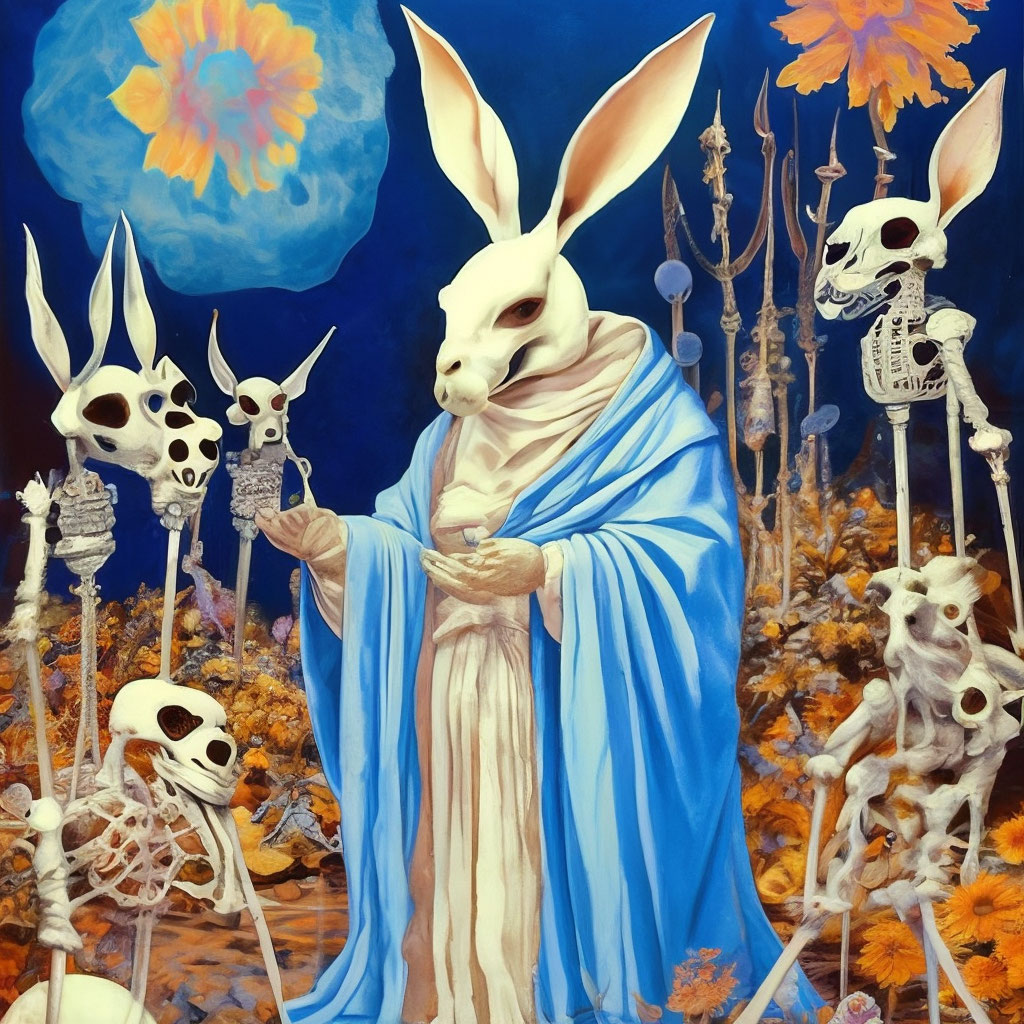 "A fat white rabbit in a blue robe in a landscape of dried flowers and ...