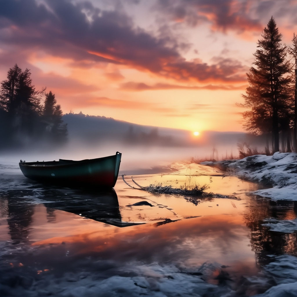 "Sunrise dawn on a frozen lake,haze,ice,severe frost,frost,in the ...