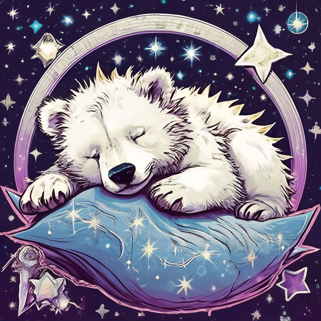 "Crazy white bear cub with a big muzzle sleeps on a crescent moon ...