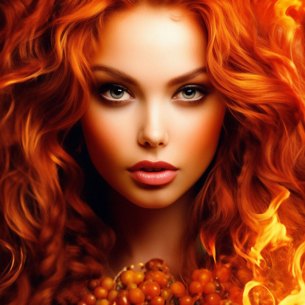 "🍂 surrealism, beautiful bright woman, fire, model, big eyes, golden ...