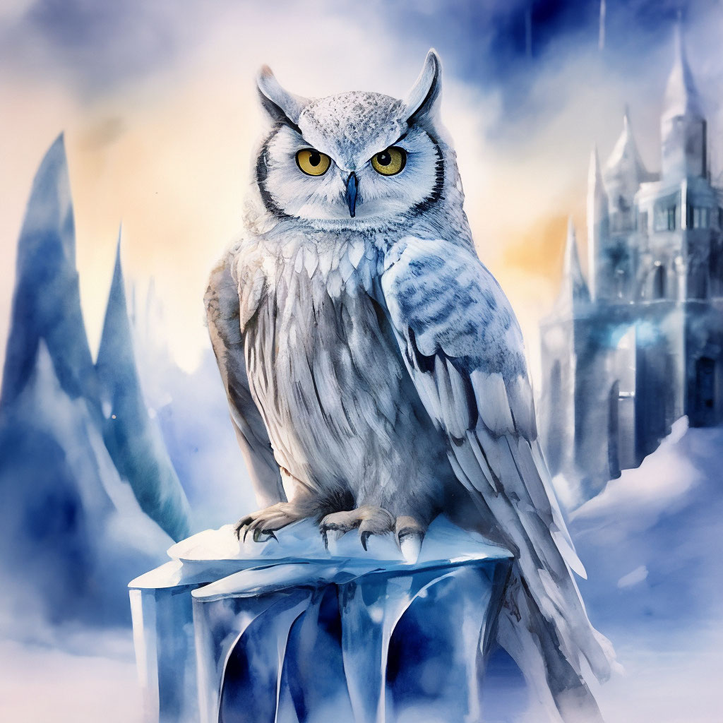 "A crystal owl sits on a throne, the background of an ice castle is ...
