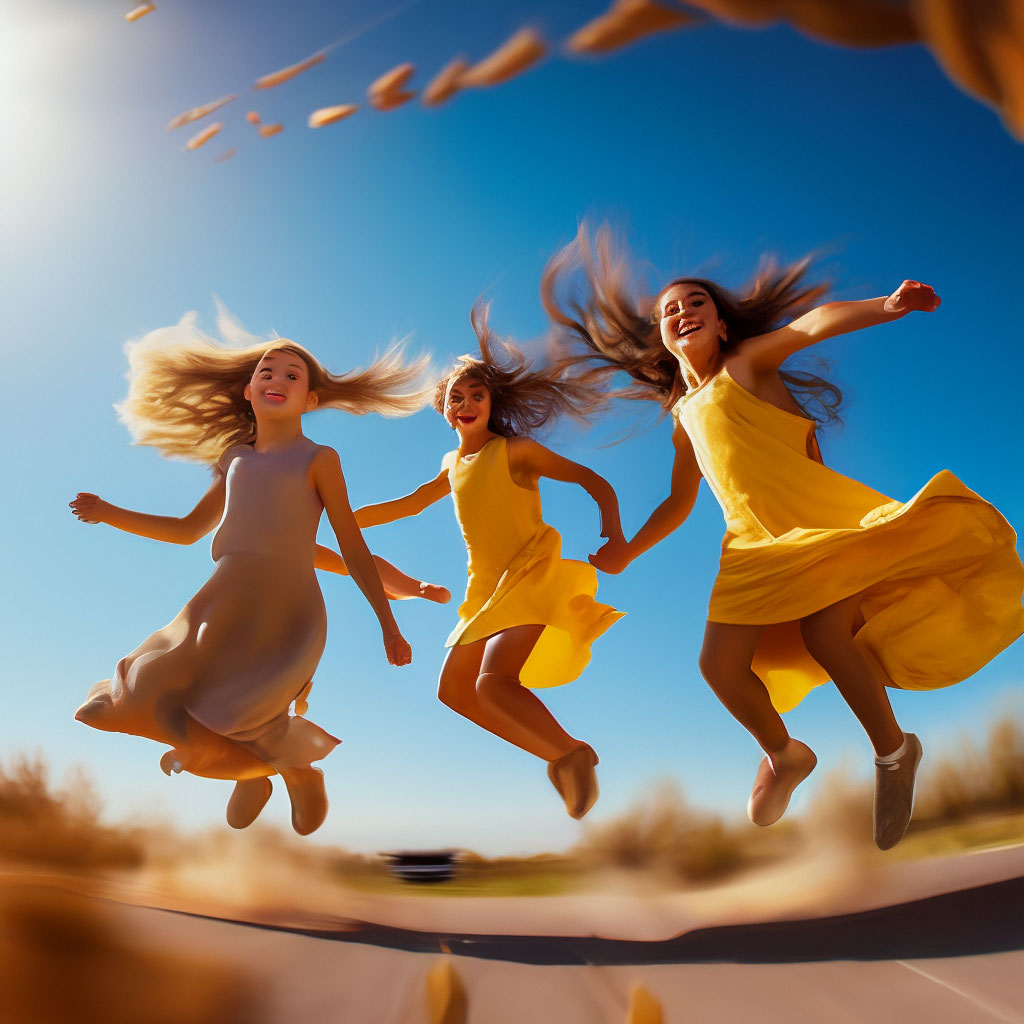 "Three twisted girls are spinning, spinning, running, jumping, spinning ...