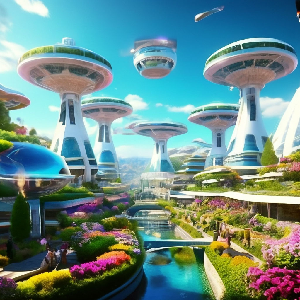 "A futuristic, fantastic village of the future, vehicles flying through ...