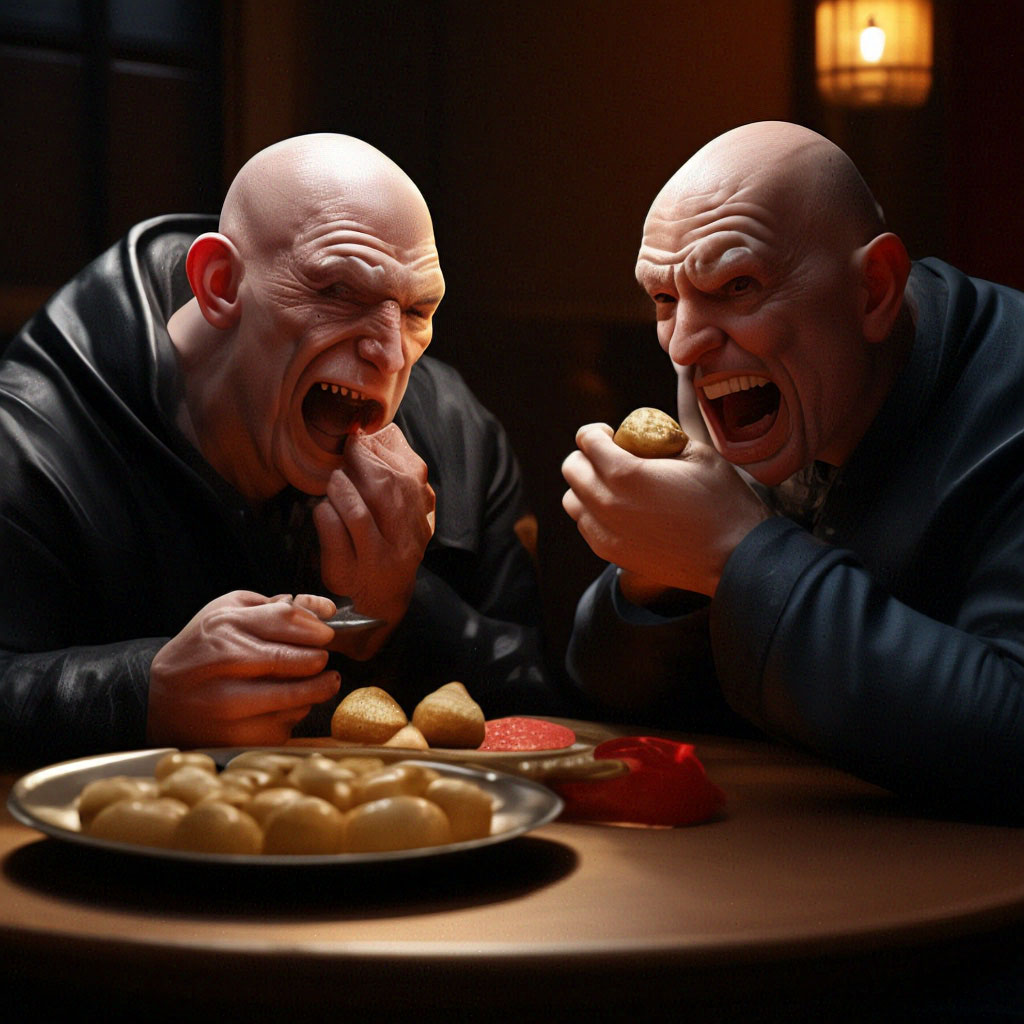 "Evil men of the masterpiece, sitting eating dumplings, choking on ...