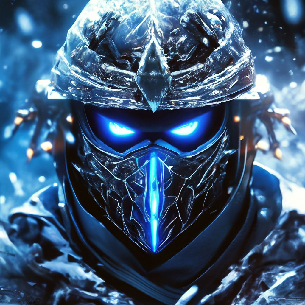 "Mechanical ice ninja in a mask laser blue eyes, huge obsidian ...