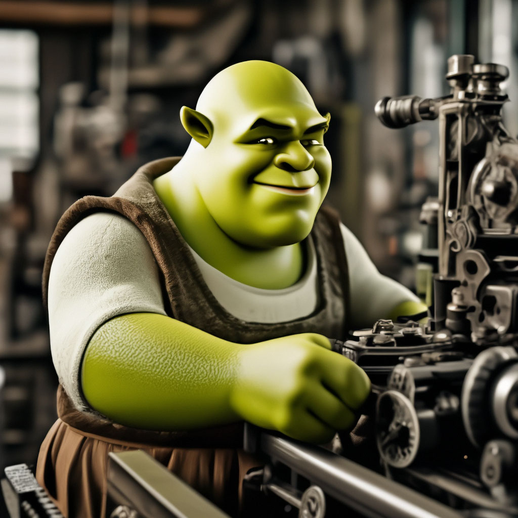 "Shrek, working at the machine at the USSR factory." — image created in ...