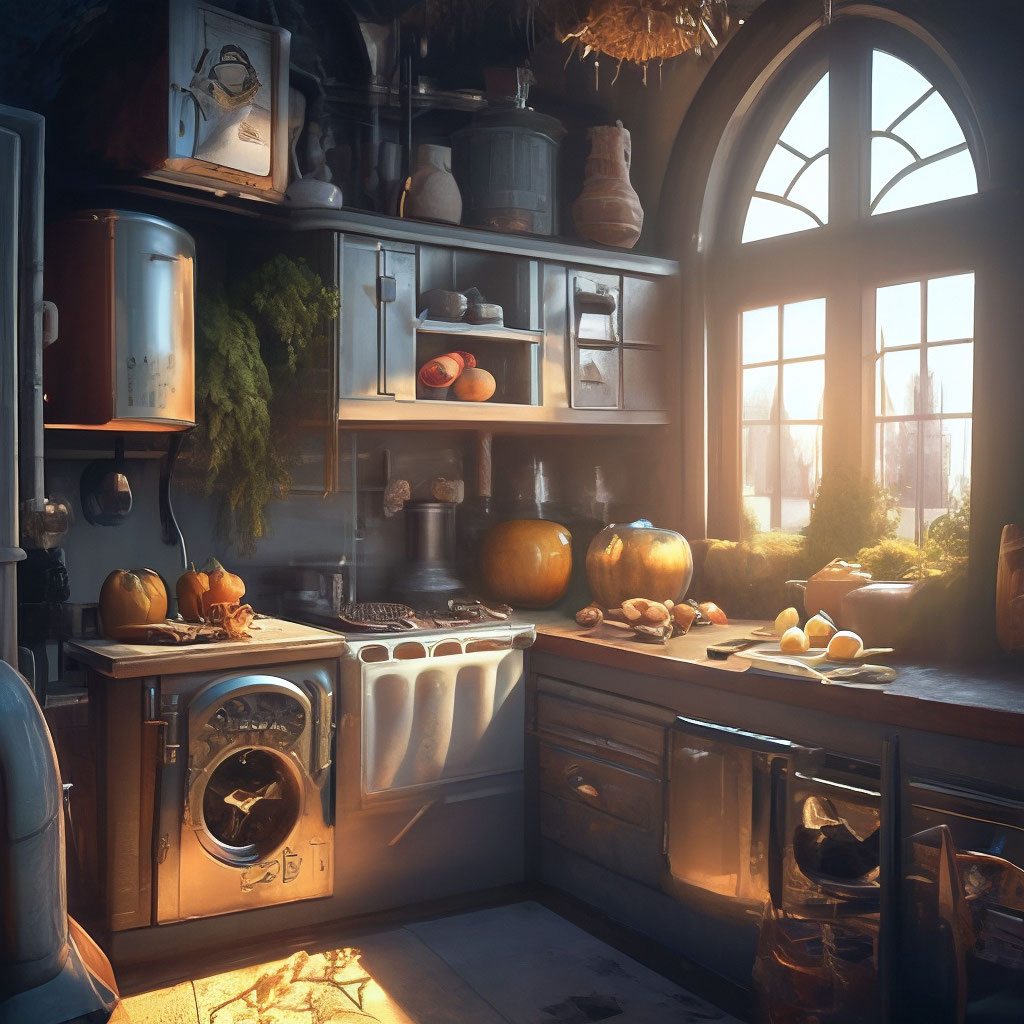 "Witch's kitchen, open refrigerator, sunny, dark fantasy, dark ambient ...