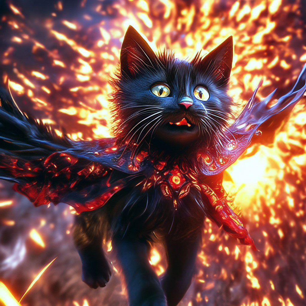 "Black anthropomorphic cat flies in flames, fractal bat wings, bright ...