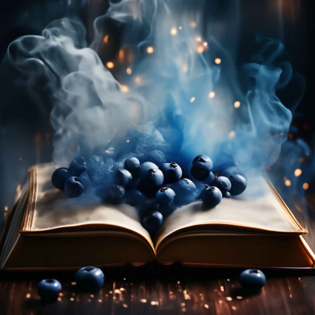 "A magic book, clouds of smoke from its pages, blueberries, glitter ...
