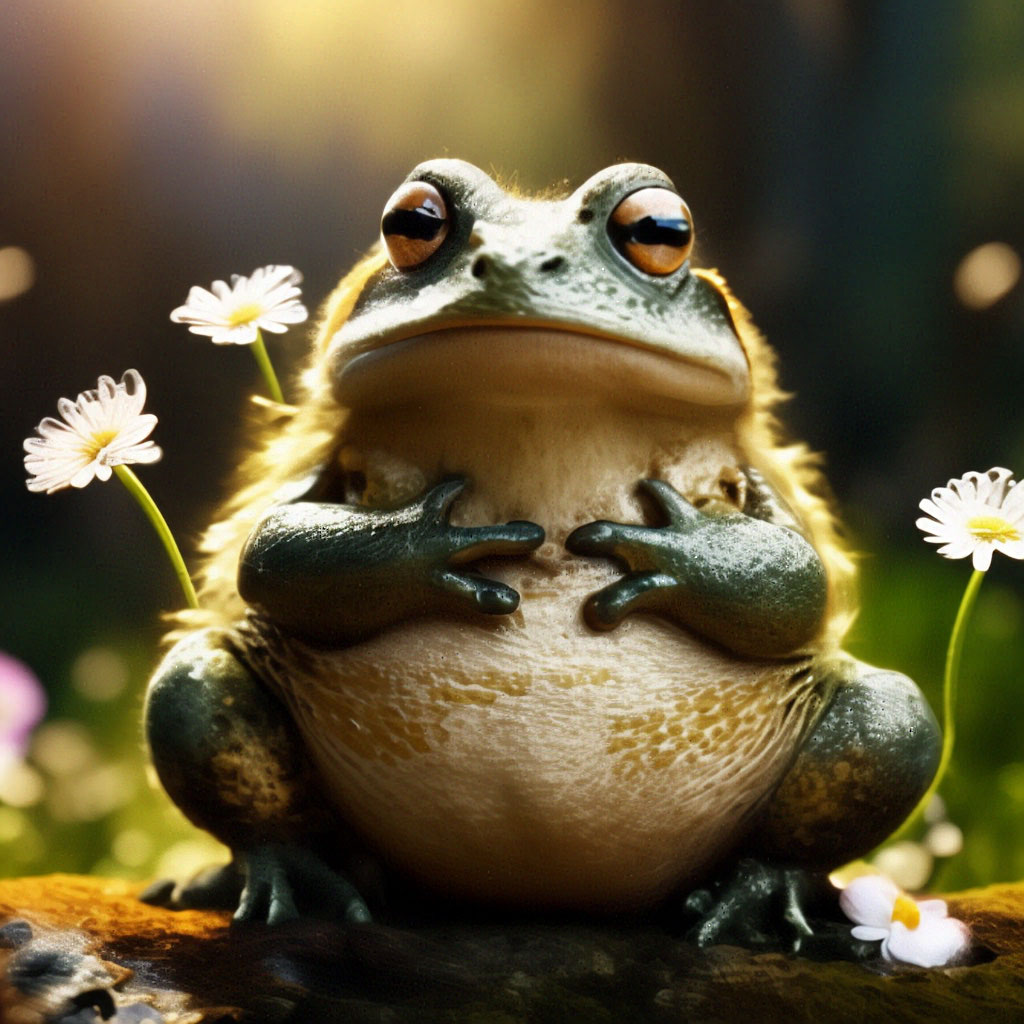 "A fat, soft, fluffy frog holding a daisy The effect of magical light ...