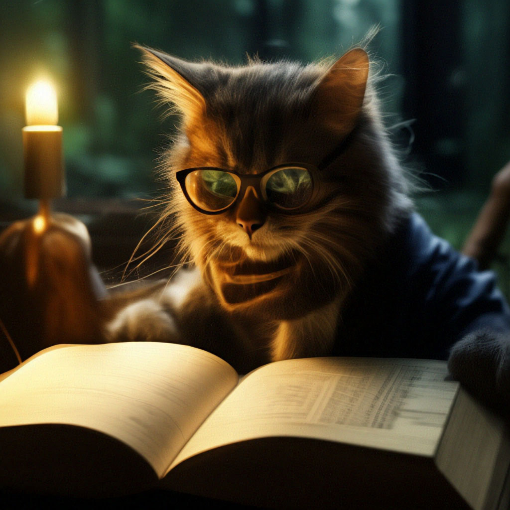 "Light pours from the book,pages come to life, a scientist cat with ...
