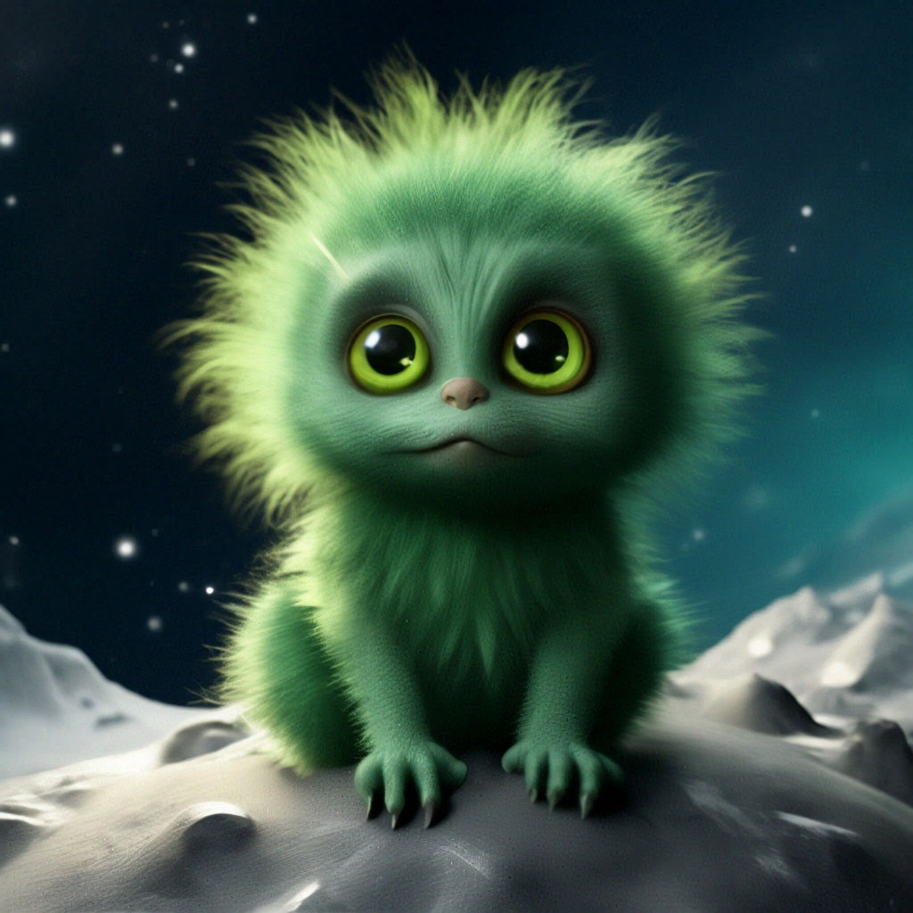 "A small fluffy alien beast of green color is sitting on the moon ...