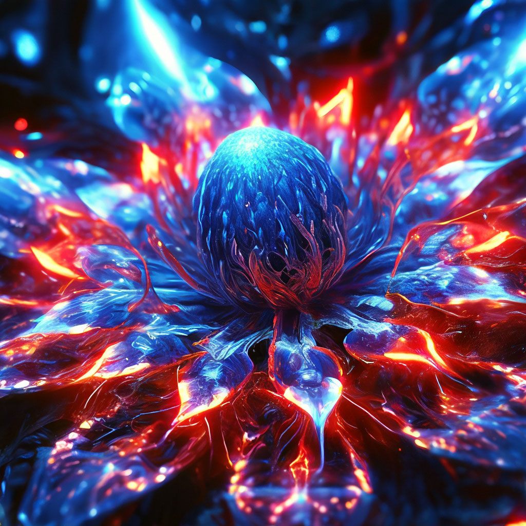 "Fiery alien, huge flower with bright blue fractals, ultramarine petals ...