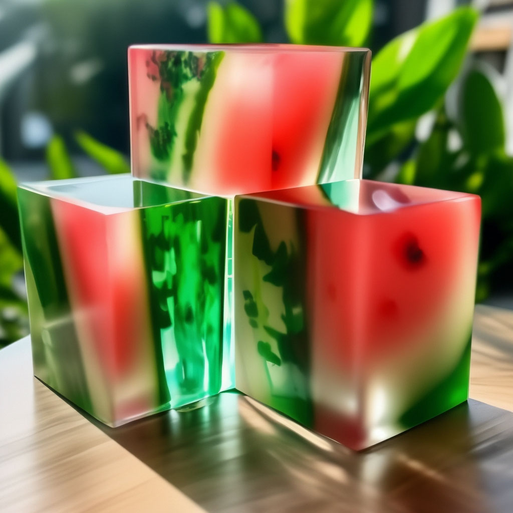 "Watermelon cube epoxy resin, transparent high quality" — image created ...