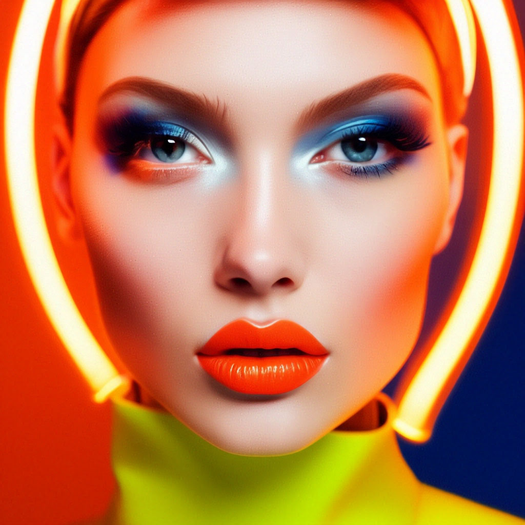 "Close-up of a charismatic girl with bright makeup, milky beige ...