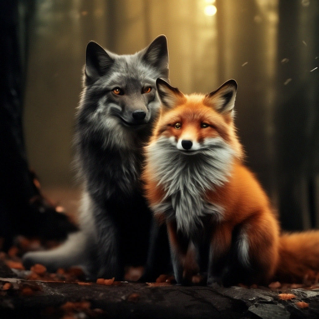 "Cute fox and cute wolf" — image created in Shedevrum