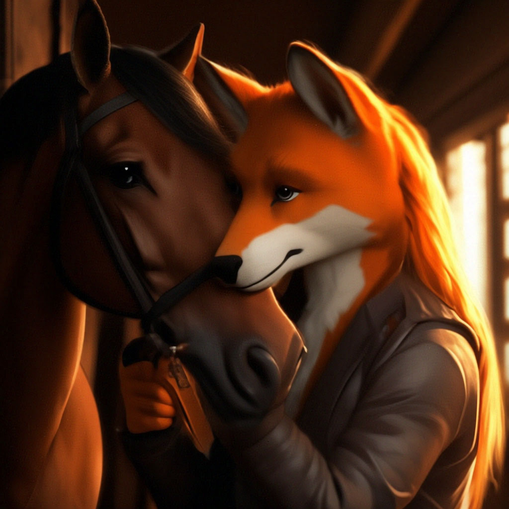"Fox in the stable with a horse, furry…" — image created in Shedevrum