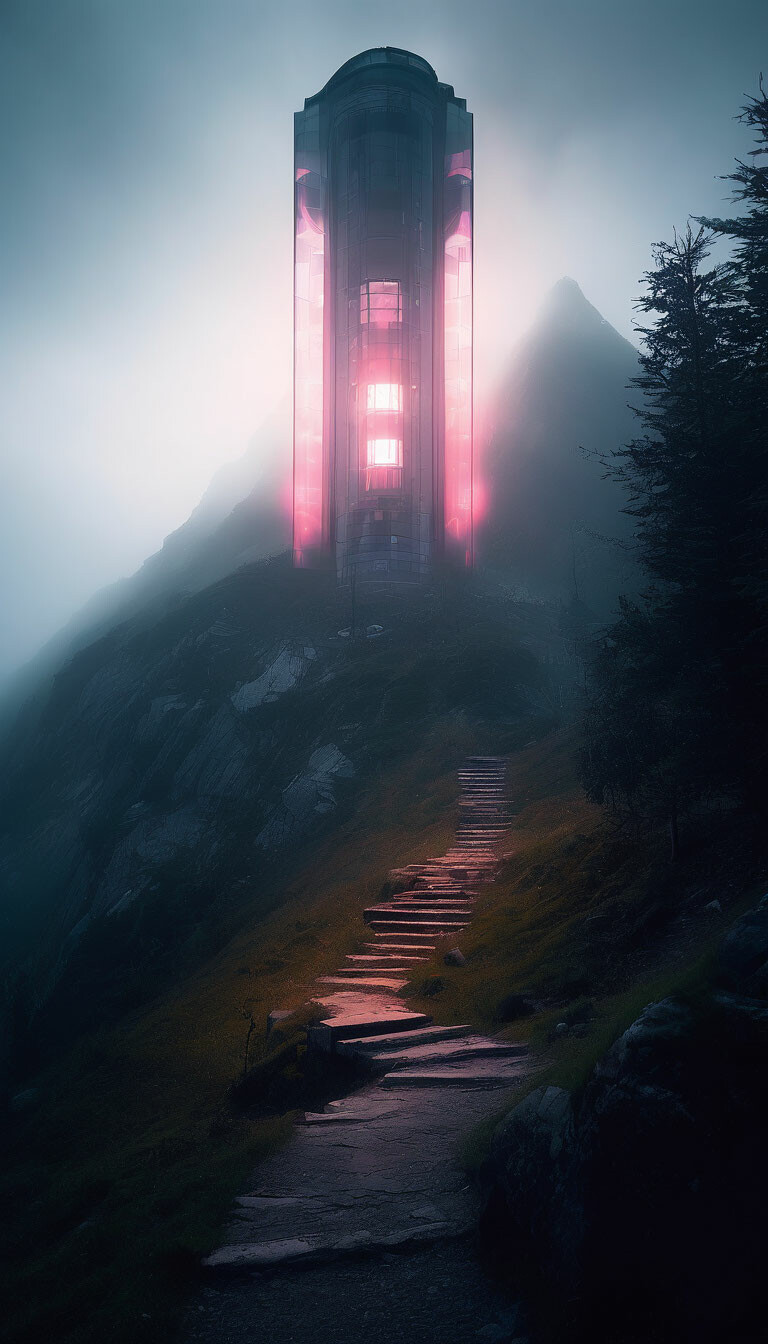 "Volumetric led light misty futuristic mountain beacon cottagecore ...