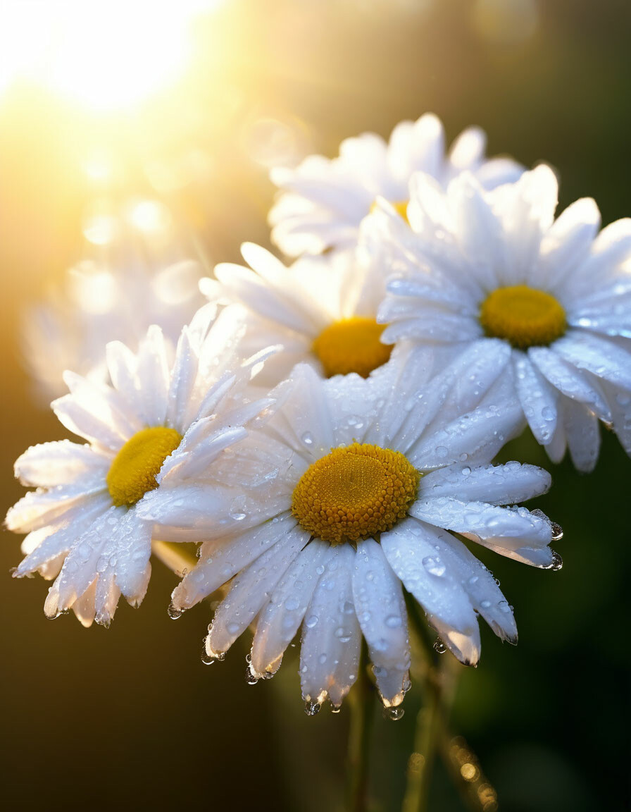 "A bouquet of daisies in dew, amazing, magically delicate, snow-white ...