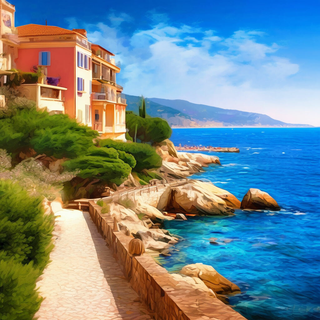 "Cote d'Azur digital painting, quantum pixel image quality, laser painting, imitation of a ...
