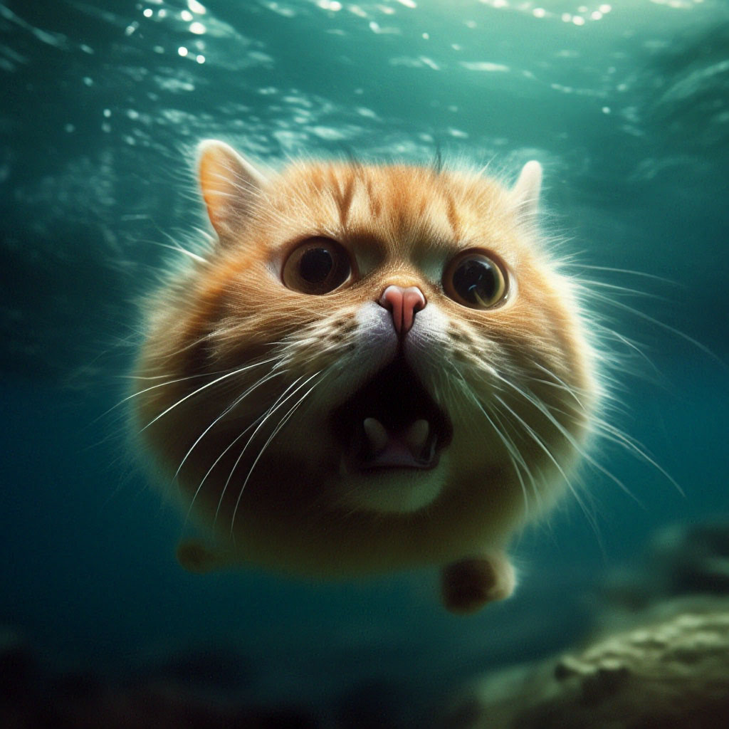 "Underwater spherical cat" — image created in Shedevrum