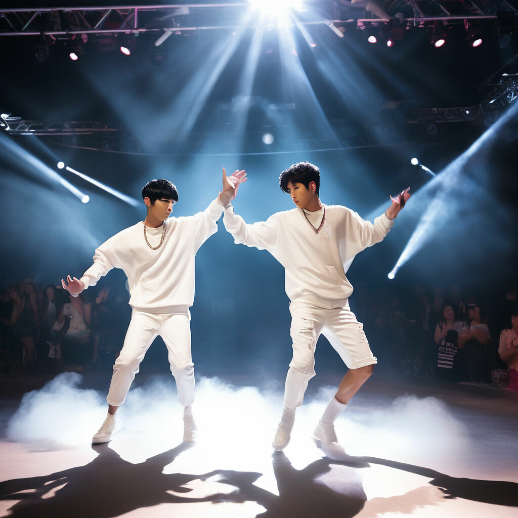 "Two beautiful Asian guys dancing on …" — image created in Shedevrum