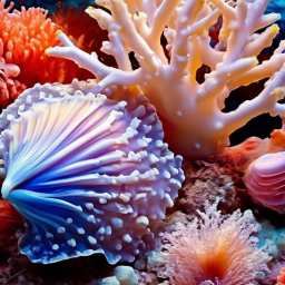 «Corals on the seabed, large shell, surreal, macro detail, volumetric ...