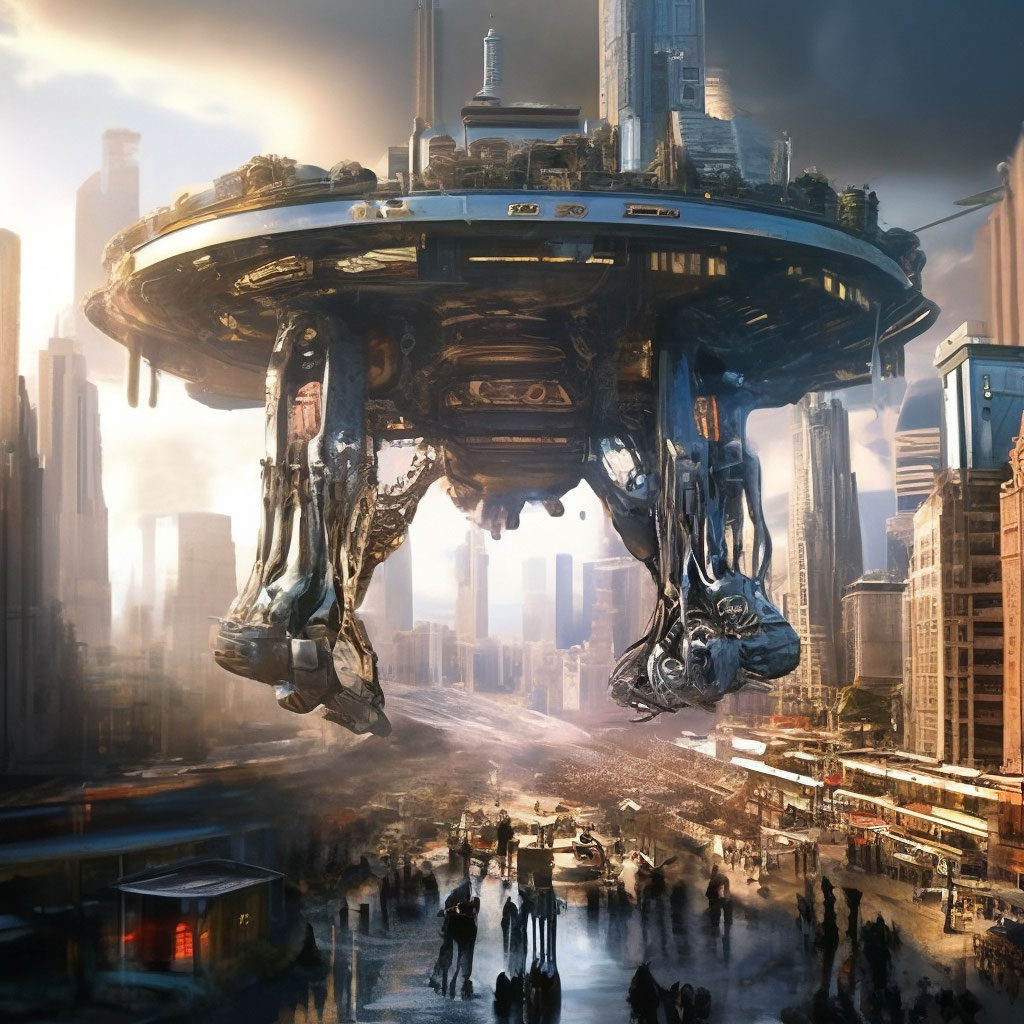 "A huge futuristic city, New York on a huge mechanical walking platform ...